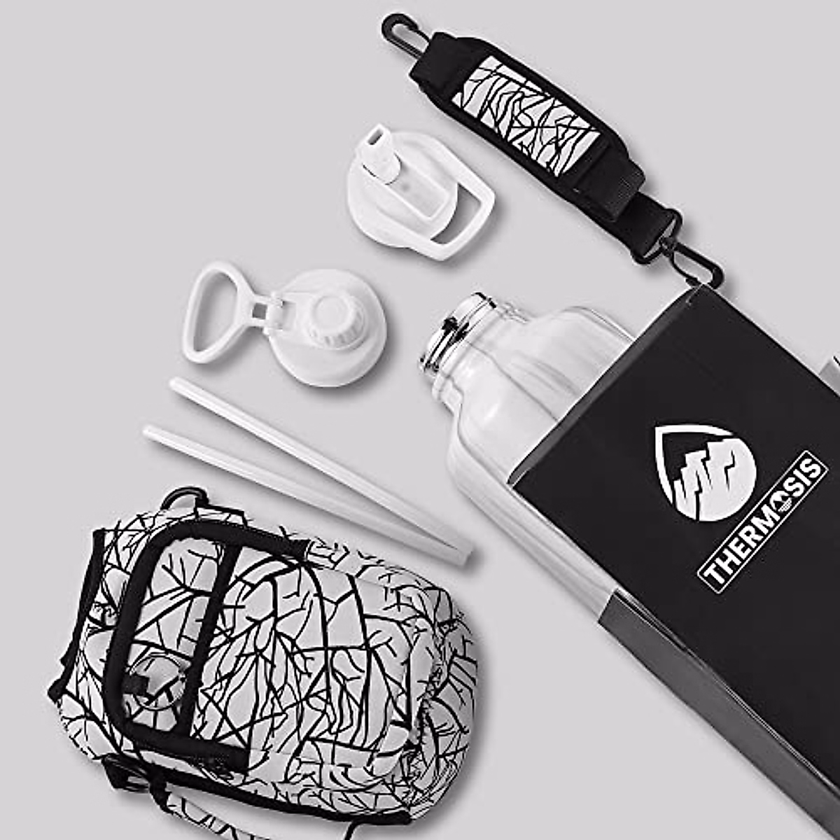 Thermosis 64 Oz insulated water bottle Stainless Steel Water Bottle with Straw & Holder Strap - Includes 2 Lids water bottles - Leak Proof water bottle for Men & Women - White Marble