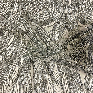 Fashion Fabrics LLC Silver Selena Wave Stretch Sequins Prom Couture Cocktail Lace Fabric - Sold by The Yard