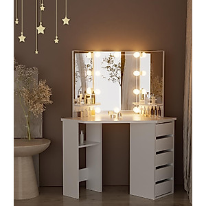 Likein Corner Vanity, Makeup Vanity Desk with Lights, Bedroom White Vanity with Lighted Mirror, Makeup Table with Drawers and Mirror for Women Girls, 3 Lighting Modes Brightness Adjustable