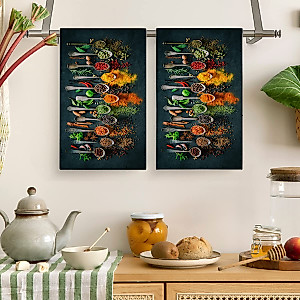 Cukemip Colourful Herbs Spices Cooking Black Dish Kitchen Towels Set of 2 Soft Absorbent Hand Towels Tea Towels Gifts Bathroom Home Decorative 16x24 Inch