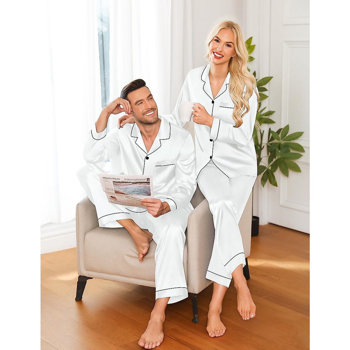 SWOMOG Couple Matching Pajamas Set Silk Satin Button Down Sleepwear Long Sleeve Nightwear 2 Pcs Pj Set Women White Large