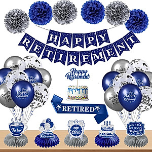 Roetyce Retirement Party Decorations for Men Women, 32PCS Blue Silver Happy Retirement Banner Balloons Honeycomb Cake Topper Pompoms Kit, Blue Retired Sash for Coworker, Office Retirement Supplies
