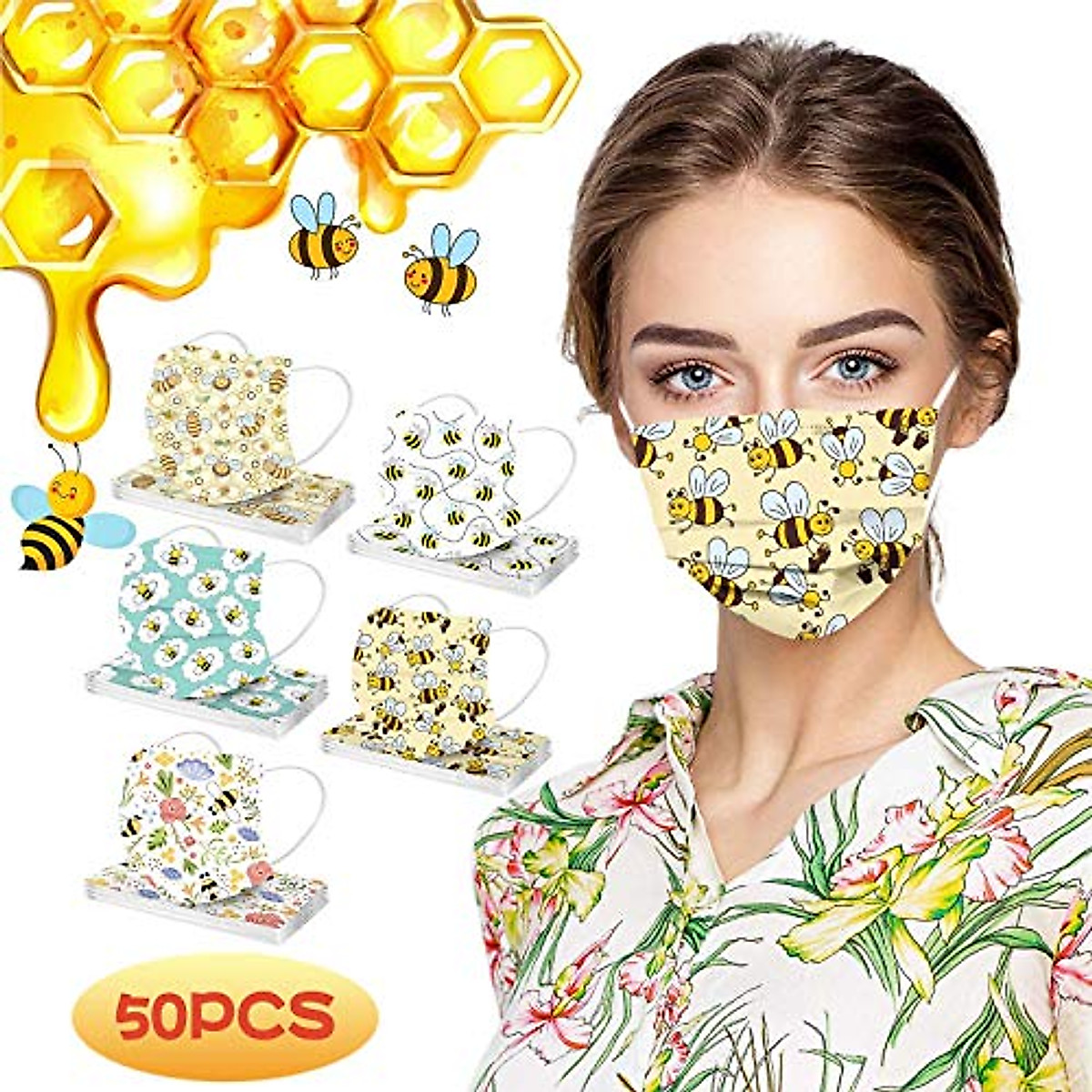 Hozxclle 50 PC Adult Summer Disposable Face_Masks Bee Floral Printed Print Face Bandanas Facecover Breathable 3 Ply Filter,Green