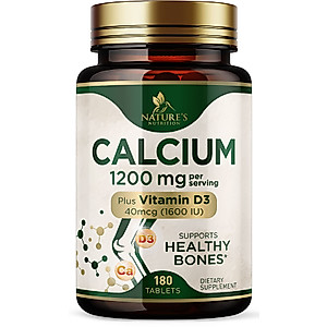 Calcium 1200 mg with Vitamin D3, Calcium Supplement Vitamins, Supports Bone Strength, Teeth & Immune System, Calcium Supplements for Women & Men, Nature's Absorbable Calcium Carbonate - 180 Tablets