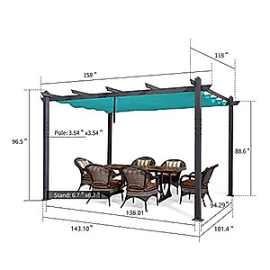 PURPLE LEAF 10' X 13' Outdoor Retractable Pergola with Sun Shade Canopy Patio Metal Shelter for Garden Porch Beach Pavilion Grill Gazebo Modern Yard Grape Trellis Pergola, Turquoise Blue