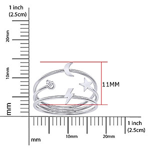 Samaira Jewelry Natural Diamond Accent Dainty Lightning Bolt, Moon & Star Three-Band Ring in 14k White Gold Plated 925 Sterling Silver Ring (0.04 Cttw, I-J Color, I2-I3 Clarity) Size-6