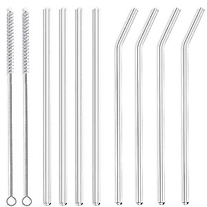 ALINK Skinny Clear Glass Straws, 10.5" x 7 mm Long Reusable Drinking Straws for 30 oz RTIC/YETI Tumblers, Mason Jars, Pack of 8 with 2 Cleaning Brush and 8 Silicone Tips