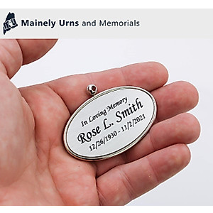 Hanging Silver Oval Personalized Pendant For Cremation Urns That Can’t Be Engraved - Includes Silver Satin Ribbon - Made of Solid Brass - Silver Tone Finish with Black Engraving