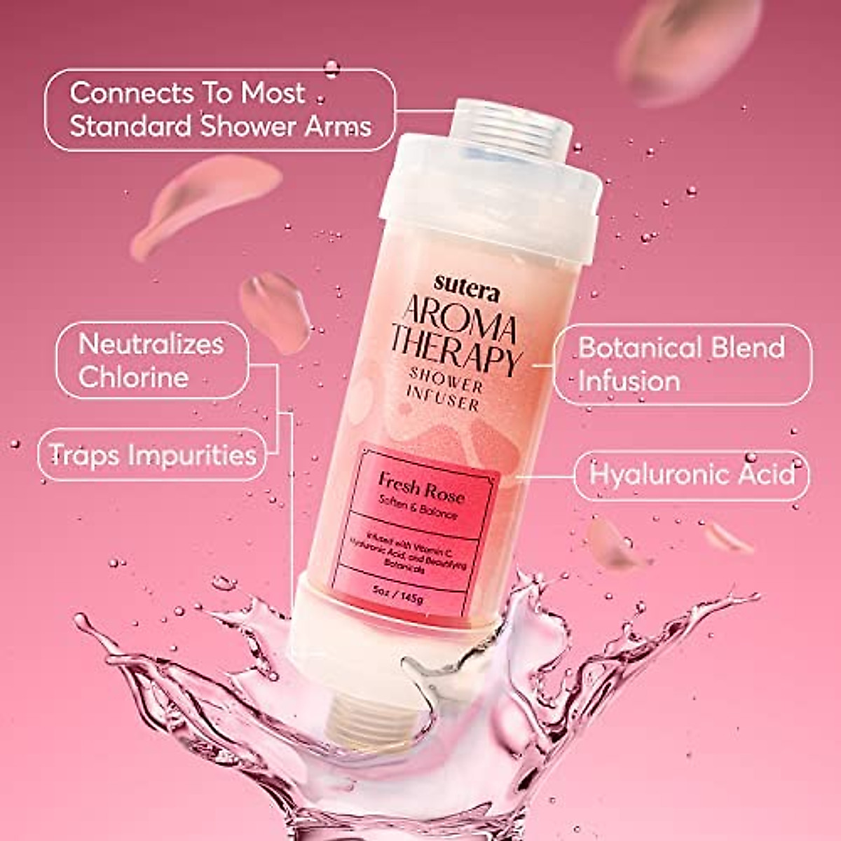 Sutera Shower Infuser - Vitamin C Shower Head Filter, Hard Water Softener, Chlorine & Fluoride Shower Filter, Water Purifying Filtered Shower Head with Beads, Helps Dry Skin & Hair Loss (White Rose)