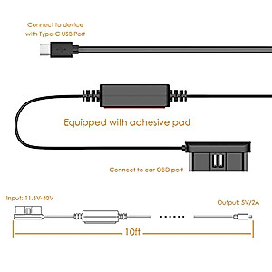 VANTRUE 10ft Type C USB OBD Hardwire Charger Cable N4, N2 Pro(2023), E1, E1 Lite, E2, E3, S2-3CH, S2-2CH, N2S, X4S, N1 Pro(2023), T3 Dash Cam and Other Type C USB Power Port Dash Cams