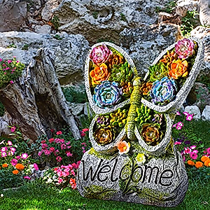 KULEDM Solar Garden Sculptures & Statues -Succulent Butterfly Resin Craft Garden Statue Outdoor Decor with Solar Powered 8 LED Lights for Garden, Patio, Lawn, Yard, Balcony, Porch’