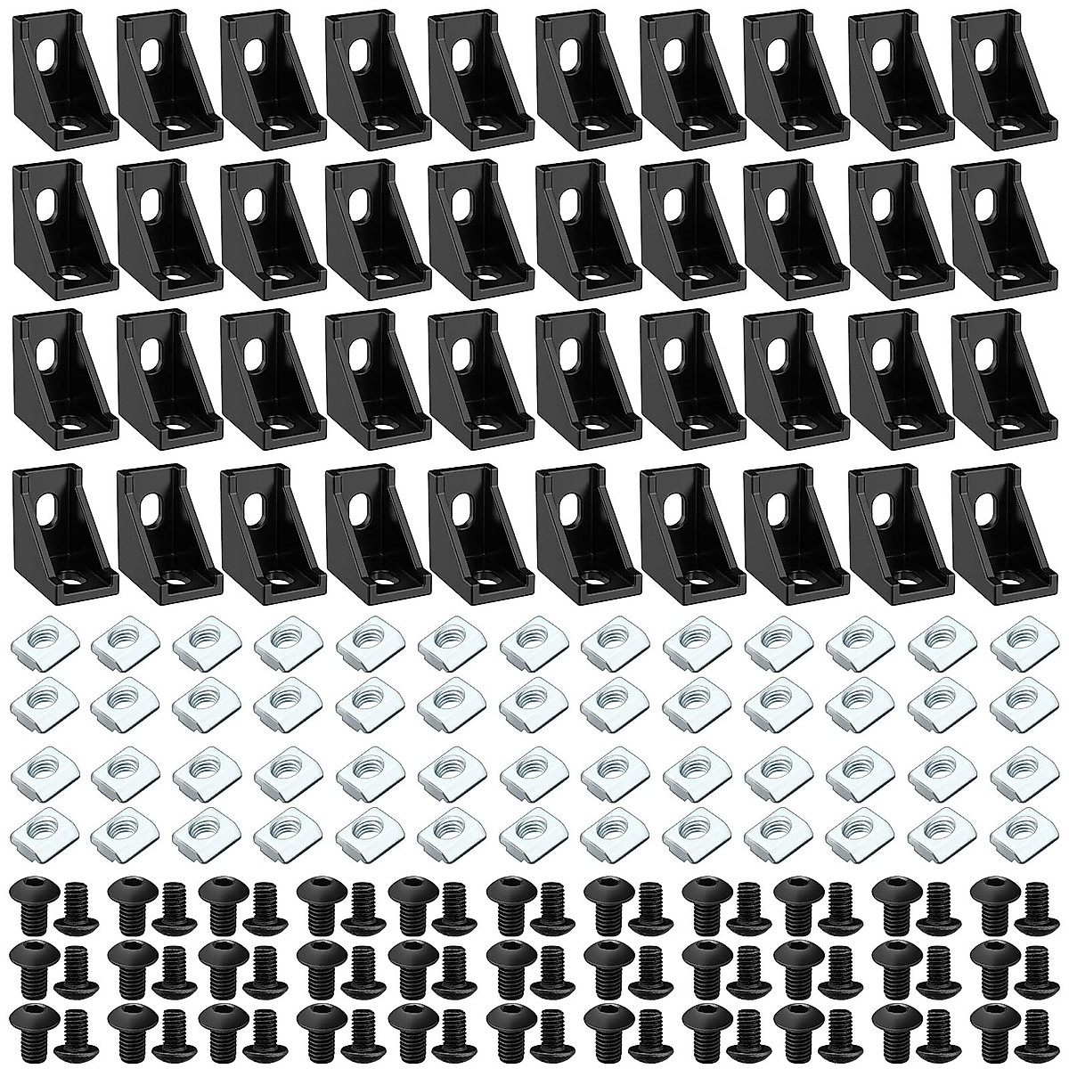 Zhengmy 50Sets 2020 Series Aluminum Profile Connector Set Including 50Pcs Corner Bracket 100 Pcs M5 T Nuts 100 Pcs M5x8 mm Hex Screw Bolt for 6 mm Slot Aluminum Profile Rail Accessories,black, silver
