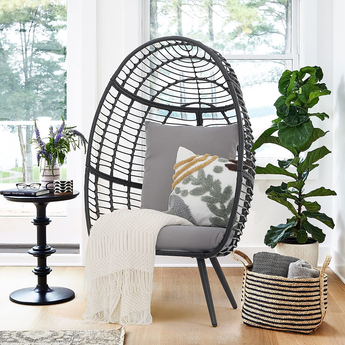 Patiorama Wicker Egg Chair Outdoor Indoor, Rattan Lounge Chair for Outside w/Legs Cushion, Basket Wicker Chair for Bedroom Living Room Front Porch Backyard Garden 350 lbs Capacity (Grey)