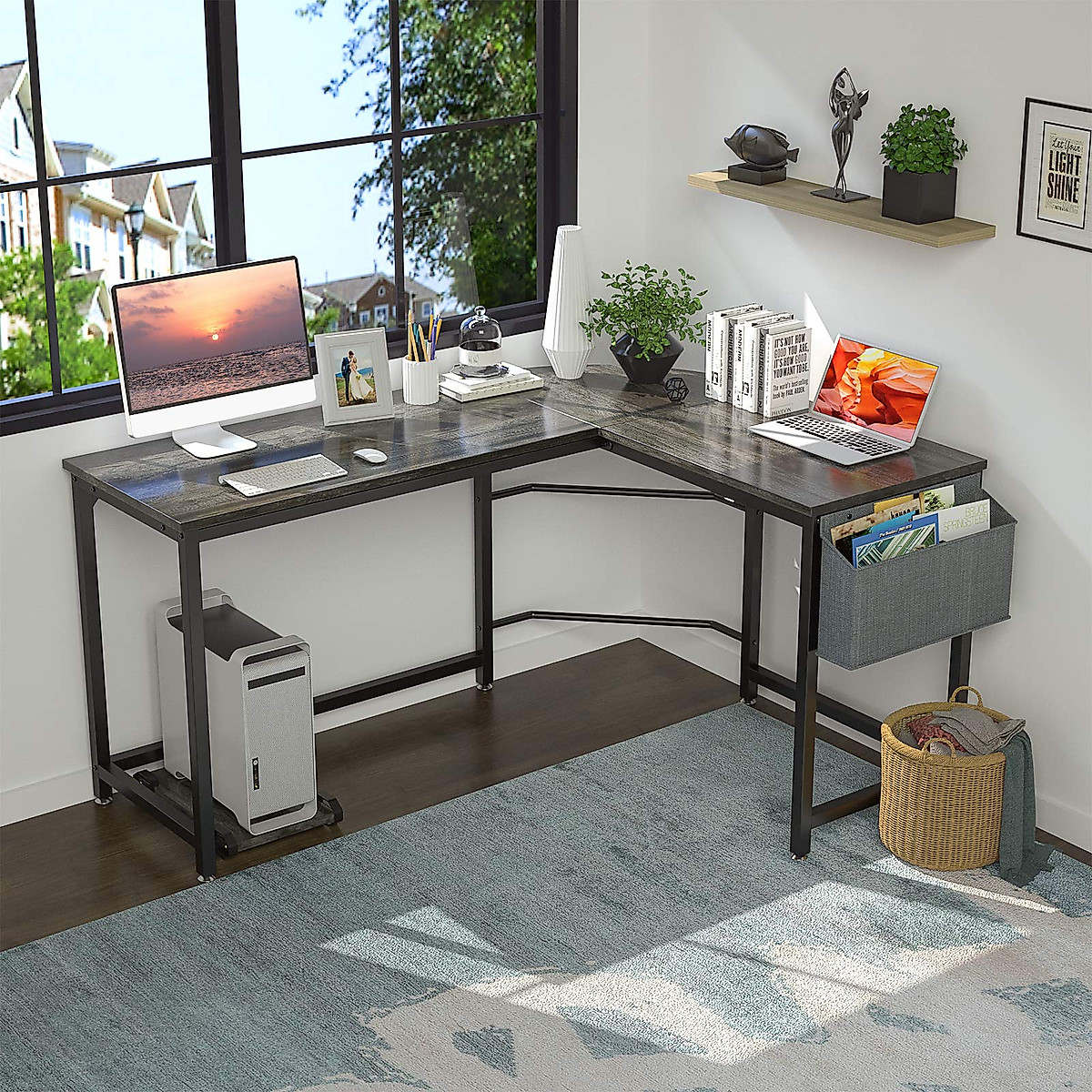 Homfio L Shaped Desk 58’’Computer Corner Desk Gaming Desk PC Table Writing Desk Large L Study Desk Home Office Workstation Modern Simple Multi-Usage Desk with Storage Bag Space-Saving Table, Black Oak