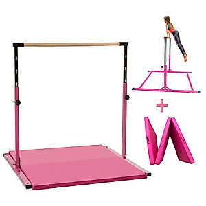 X-Factor 5 Ft Horizontal Bar Athletic Teens Adjustable Gymnastics Children Junior Training Kip Bars Purple with 4' x 6' Gymnastic Mat Set