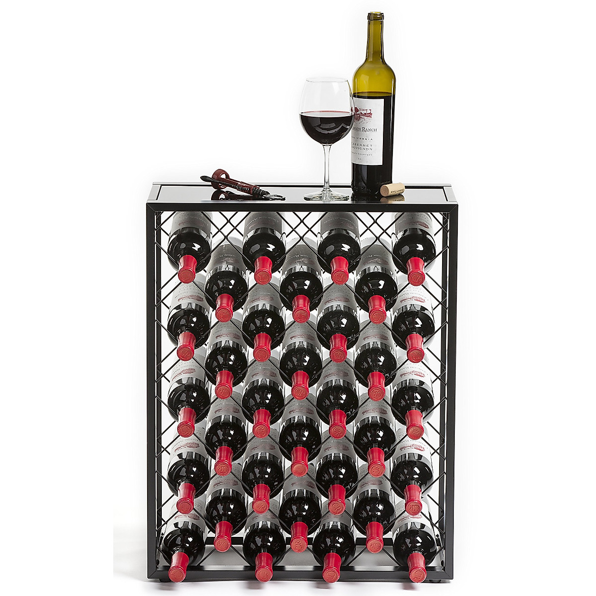 Mango Steam 32 Bottle Wine Rack with Glass Table Top Free Standing, Black