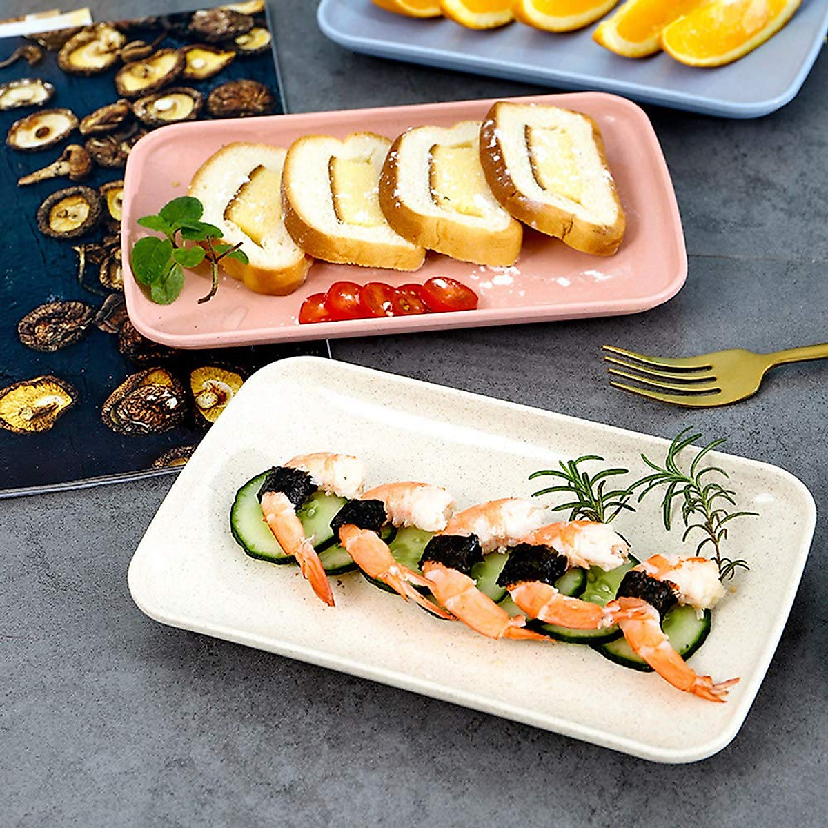 Roucerlin 4 Pack Big Rectangular Dinner Plates, Unbreakable Wheat Straw Plates, Reusable Durable Lightweight Salad Plate for Fruits, Snack, Pasta, Cake, Dessert, Dishes (9.3in, Beige)