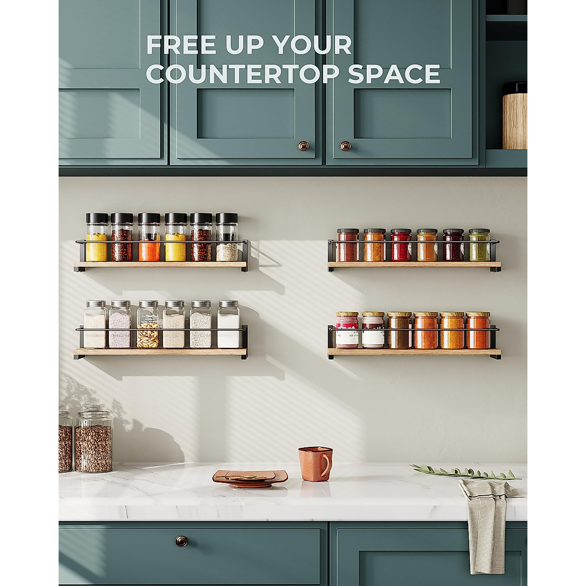 OROPY Spice Rack Wall Mounted, Rustic Wood Hanging Rack for Over The Stove, Kitchen Wall, 4 Pack