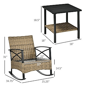 Outsunny 3 Piece Patio Rocking Chair Set, Outdoor Wicker Bistro Set with 2 Cushioned Porch Rockers, 2 Tier Coffee Table, for Gaden, Patio, Light Gray