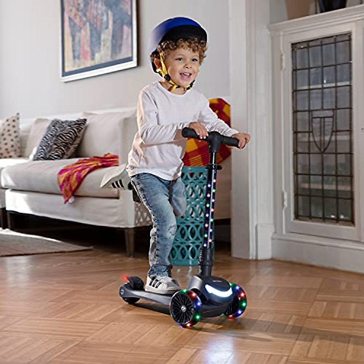 Jetson Scooters - Jupiter Mini 3 Wheel Kick Scooter (Black) - Collapsible Portable Kids Three Wheel Push Scooter - Lightweight Folding Design with High Visibility RGB Light Up LEDs on Stem and Wheels
