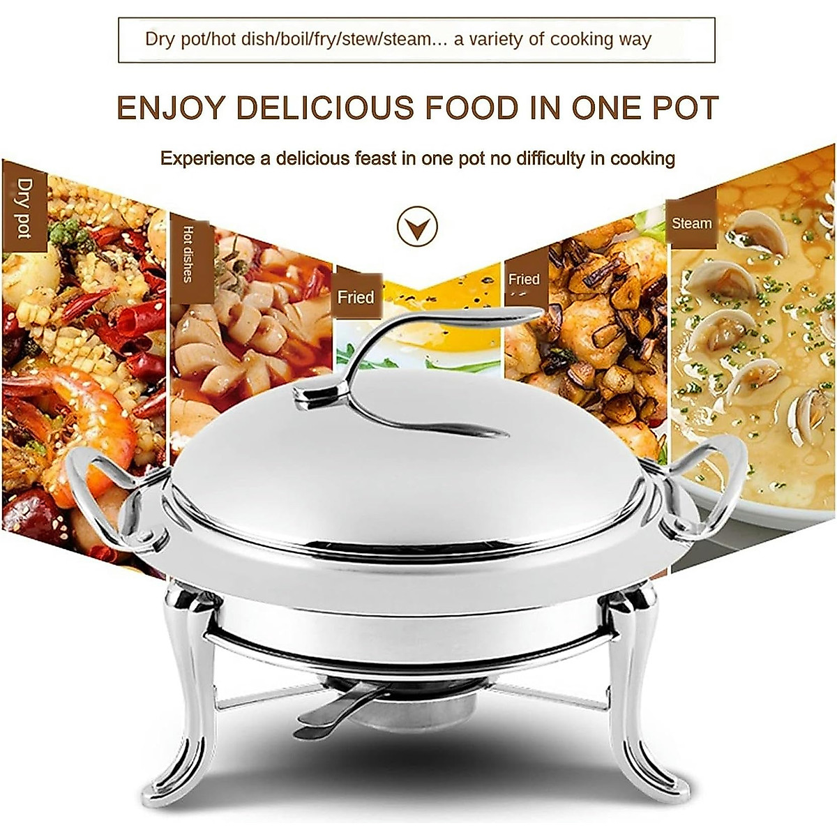 FLTRGO Stainless Steel Chafing Dish Set Round Durable Buffet Warmer Tray with Lid and Chafing Fuel Holder for Kitchen Party Banquet - Without Water Pan