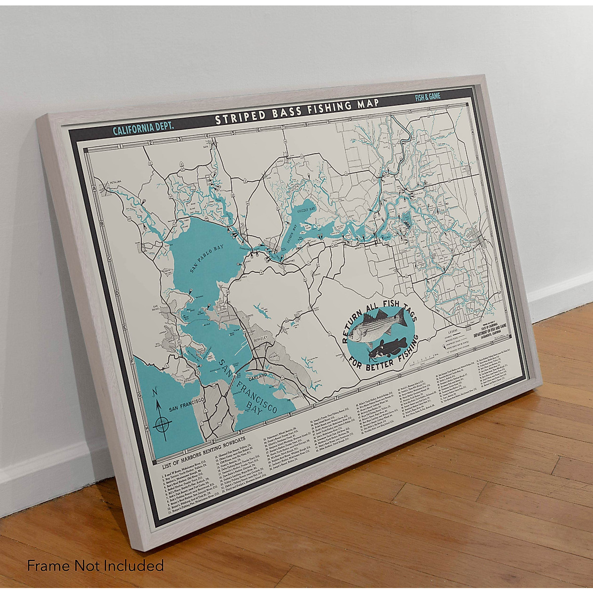 Map of Central California Striped Bass Fishing Grounds, Waterways, and Roads circa 1952 - from San Francisco to Stockton - Maps Inset Shows Boat Rentals (24 inches x 36 inches)