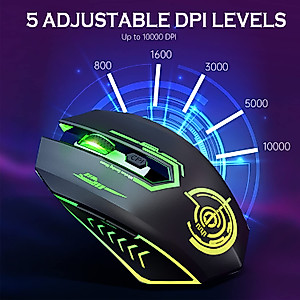 UHURU Wireless Gaming Mouse Up to 10000 DPI, Rechargeable USB Wireless Mouse with 6 Buttons 7 Changeable LED Color Ergonomic Programmable MMO RPG for PC Laptop, Compatible with Windows Mac
