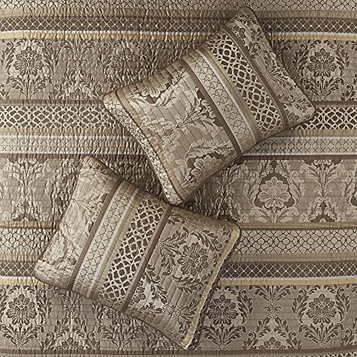Madison Park Quilt Traditional Damask Design All Season, Lightweight Coverlet Bedspread Bedding Set, Matching Shams, Pillows, King/Cal King(104"x94"), Bellagio, Jacquard Brown/Gold 6 Piece (MP13-369)