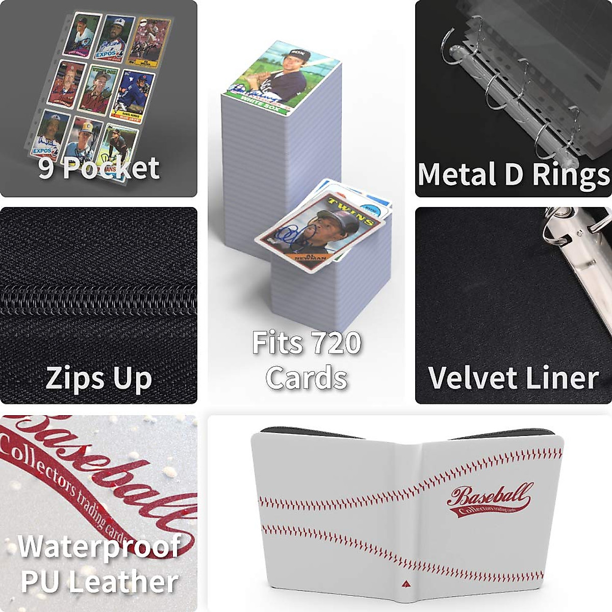 Rayvol Baseball Card Binder for Trading Cards, 9 Pocket Card Binder Fit 720 Cards Includes 40 Pages, 3 D-Ring Album for TCG Collection Storage