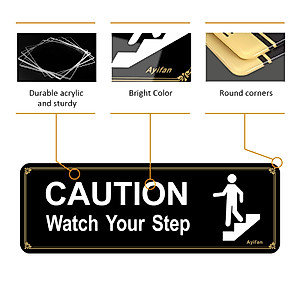 4 Pack Caution Watch Your Step Sign for floor, Acrylic with Symbols Self-adhesive for Home and Business Restaurants Offices 9"x3" Black Gold Easy to Mount Outdoor or Indoor Use Black
