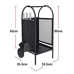 ART TO REAL Firewood Rack Log Cart With Large Wheels, Firewood Mover with 3 Fireplace Tool Set Fireplace Log Carriers Holders Black Wrought Iron Firepit Firewood Cart, 31.5'' x 14'' x 14''