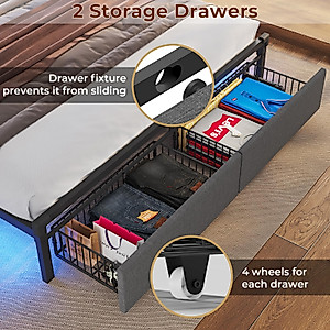 BTHFST Full Size Bed Frame with Charging Station, LED Bed Frame Full Size with Headboard Storage and 2 Drawers, Upholstered & Metal Platform Bed with Lights, No Box Spring Needed, Dark Grey