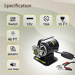 Limodot Water Transfer Pump, 12V Self-Priming Utility Pump, With Suction Strainer Attachment, 10 ft. Power Cord ON/OFF Switch And Alligator Clips, Ideal for boat, RV, cabin, camping, solar system