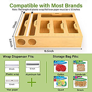 KOCWELL Bag Organizer and Plastic Wrap Dispenser with Cutter, 6 In 1 Bamboo Foil and Plastic Wrap Organizer for Kitchen Drawer, Food Storage Bag Organizer for Gallon,Quart,Sandwich,Snack(Beige)
