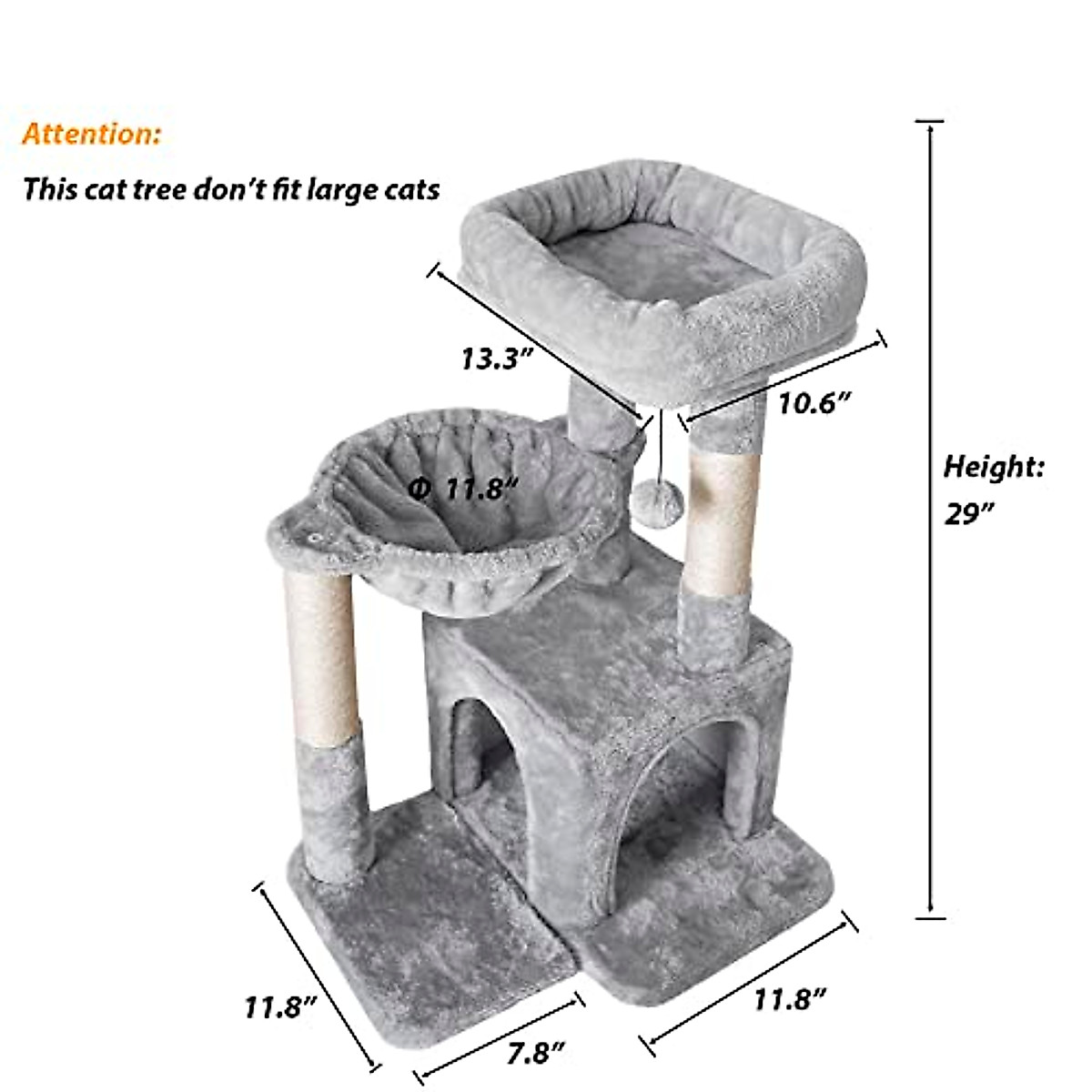 Pesofer Cat Tree, Small Cat Tower with Sisal Scratching Post and Hammock Light Gray