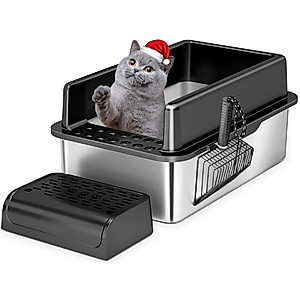 Stainless Steel Cat Litter Box with Lid, Extra Large Enclosure Litter Box for Big Cats, High Sided XL Metal Litter Pan Non-Sticky Anti-Leakage Odor Control Easy Cleaning(Black, 24” x 16” x 12”)