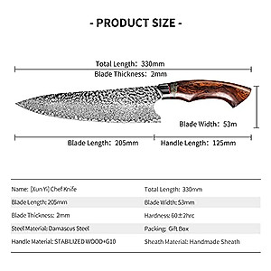 FZIZUO 8 inch damascus steel japanese chef knife,professional handmade desert Ironwood stabilized wood handle with sheath,cooking knives in home or restaurant kitchen