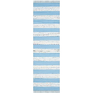 SAFAVIEH Montauk Collection 2'3" x 7' Ivory / Turquoise MTK720C Handmade Stripe Fringe Cotton Runner Rug
