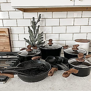 MAISON ARTS Pots and Pans Set, 15 Piece Kitchen Cookware Sets with Nonstick Granite-Coated for Induction & Dishwasher Safe, Oven, Stovetop, Black