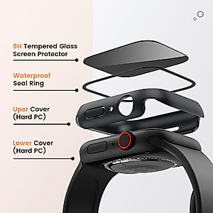 Goton Waterproof Privacy Case for Apple Watch Series 9 8 7 6 5 4 SE Ultra 40mm 44mm 41mm 45mm 49mm, Hard PC Bumper Tempered Glass Screen Protector for iWatch Cover Accessories, 45mm BlackBlack