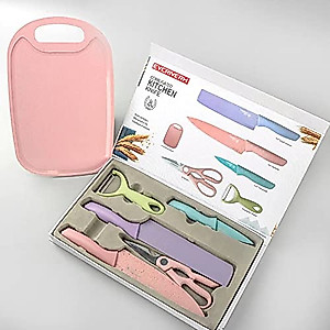 CHUYIREN Knife Set, Colorful Kitchen Knife Set 7 PCS, High Carbon Stainless Steel Cute Knife Set with Non-Stick Coating and Cutting Board for Cooking, Camping, RV Travel, and Dorm,Gift Box