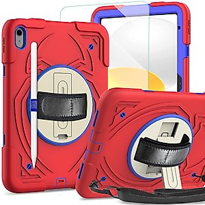 AVAWO Kids Case for iPad 10th Generation 10.9 Inch 2022, iPad 10.9 Cover, [Tempered Glass Film] [Shoulder Strap] [360°Rotating] Kickstand Shockproof Kids Child Case for iPad 10th Gen 10.9" 2022, Red