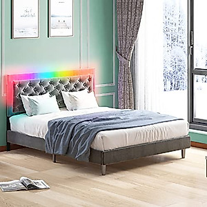 ZAFLY King Size Bed Frame, Velveteen RGB LED Bed Frame with Adjustable Headboard, Upholstered Mattress Frame with Button Tufted Headboard for Bedroom Light Gray