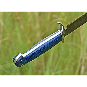 TIGEROUS 13'' Hunting Bowie Knife, Full Tang Fixed Blade, Wood Handle Damascus Steel Knife with Scout Horizontal Carry Leather Sheath for Camping, Hiking, Survival (Blue Pakka Wood)