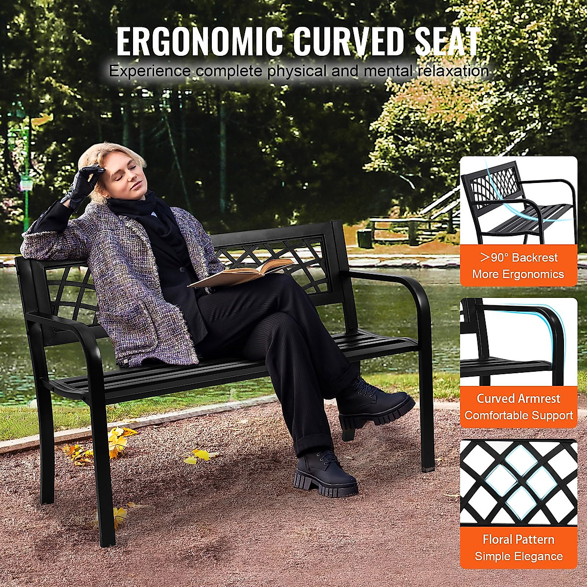 VEVOR Outdoor Bench, 480 lbs Load Capacity Bench, 46 inches Metal Garden Bench for Outdoors, Outdoor Garden Park Bench with Backrest and Armrests, Patio Bench for Garden, Park, Yard, Front Porch