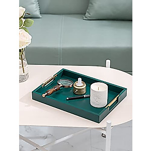 Kanwone Decorative Tray , 13.6"x9.8" Serving Tray, Rectangle Ottoman Tray with Gold Polished Metal Handles, Coffee Table Trays for Living Room Kitchen and Home Decor, Green