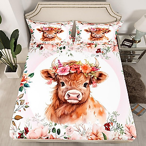 Feelyou Cute Highland Cow Fitted Sheet Twin Size Kids Cartoon Animal Bedding Set for Boys Girls Teens Flower Floral Print Bed Sheet Set Farm Zoo Garden Theme Bed Cover Deep Pocket Room Decor