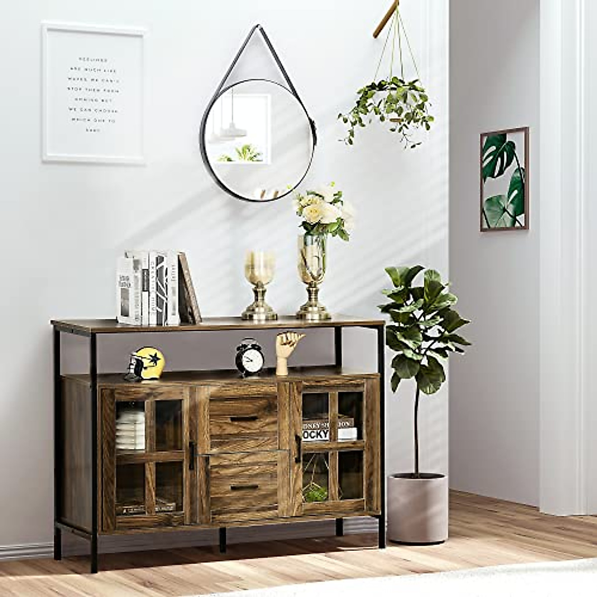 HOMCOM Industrial Sideboard Buffet Cabinet, Coffee Bar Cabinet with Adjustable Shelves, Glass Doors, and 2 Drawers for Kitchen, Living Room, Brown