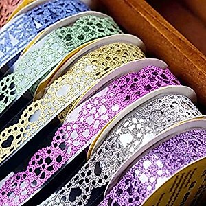 SALLYFASHION Lace Washi Tape, 6 Roll Lace Pattern Glitter Bling Self-Adhesive Tape Diamond Washi Tape Masking DIY Scrapbooking Lace Tape Sticker Color Random