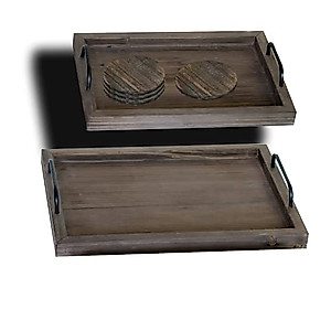 Juleduo Rustic Wooden Serving Trays with Handle-Set of 2-Decorative Nesting Food Board Platters 4 Coasters，for Breakfast Kitchen Ottoman Coffee Table